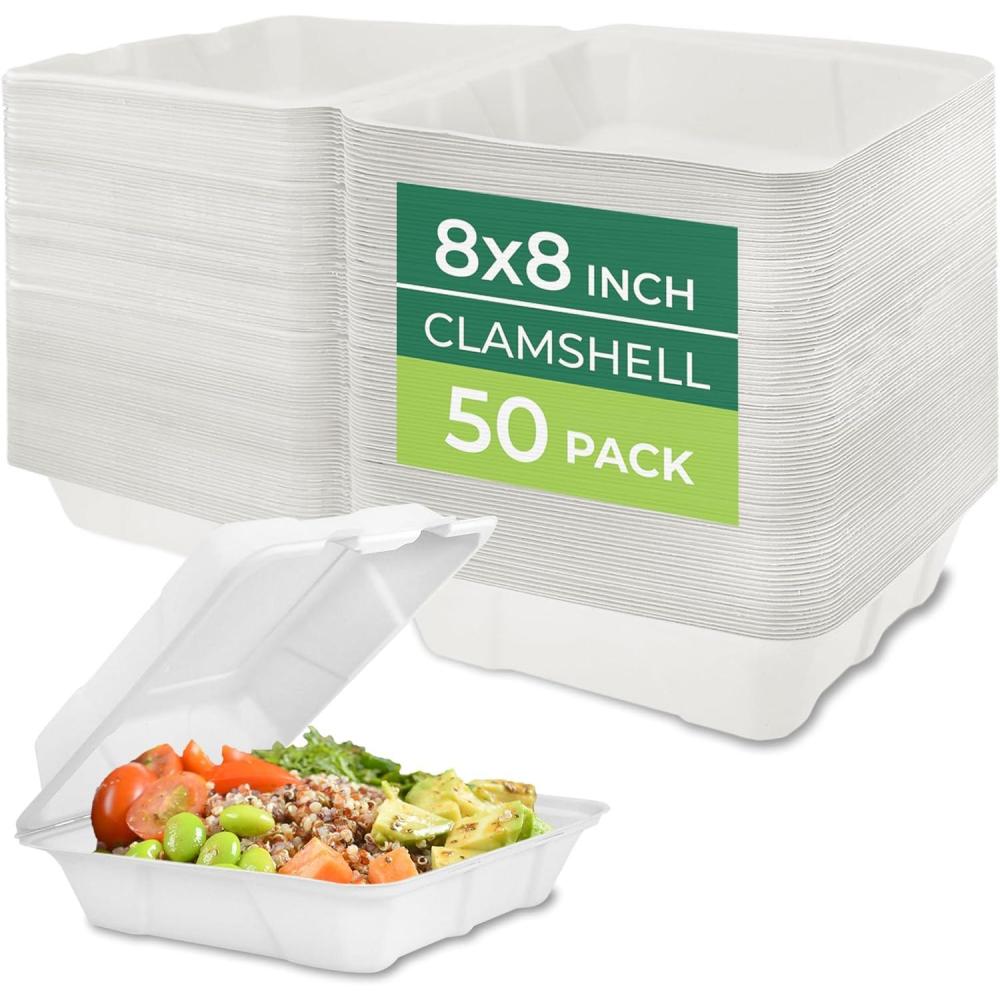 Freshware Compostable 9×9″ Clamshell Take Out Food Containers [50-Pack ...